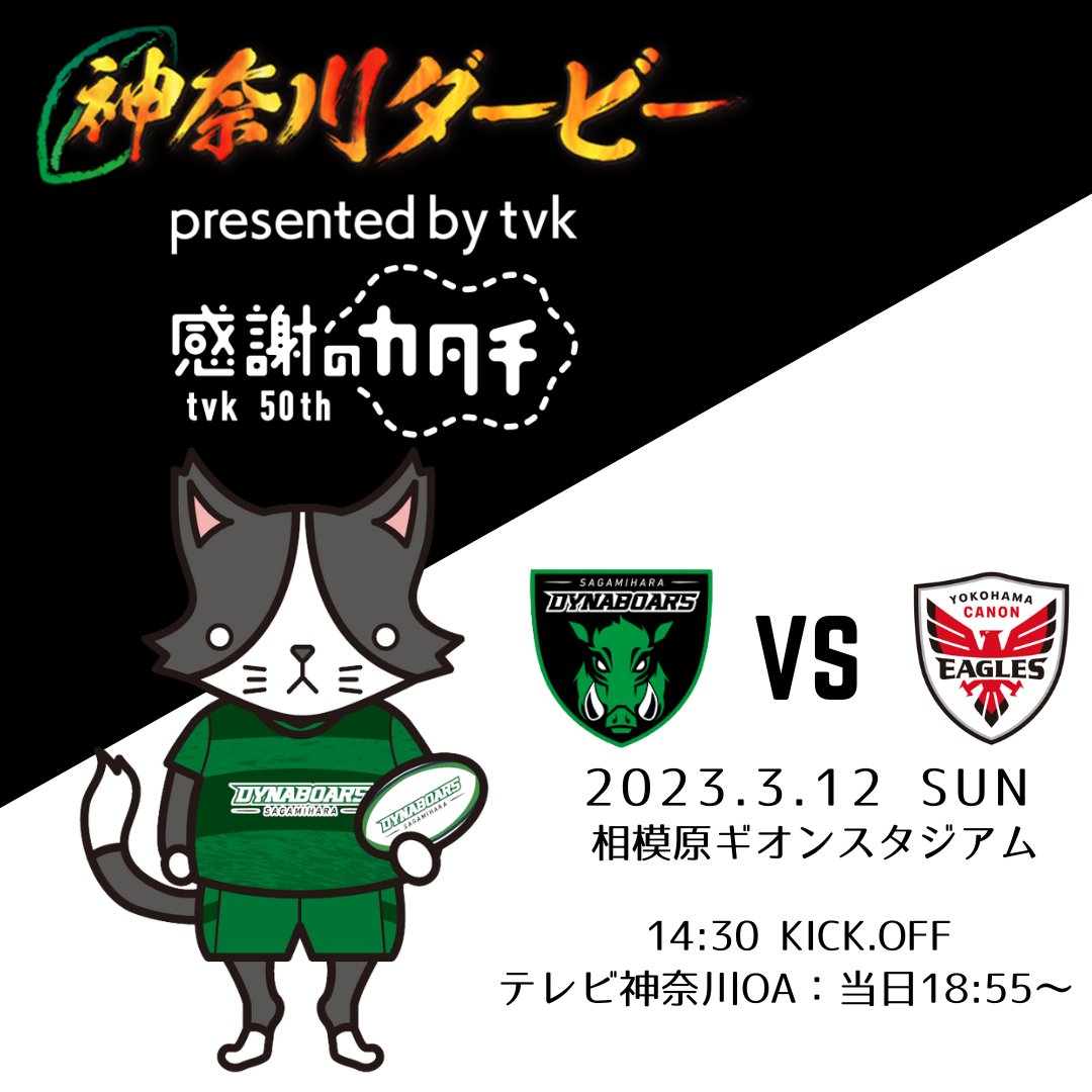 tvk（テレビ神奈川） on Twitter: "˗ˏˋ #猫の日 にコラボ🐱登場！！ ˎˊ˗ 🏉ジャパンラグビー 神奈川ダービー presented by tvk 「感謝のカタチ」開催！ 📅 ...