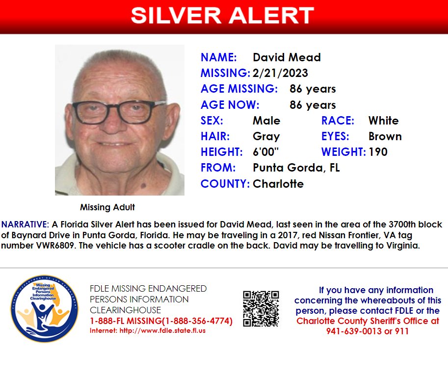 Missing People in America - Alerts on Twitter: "FLORIDA SILVER ALERT David Mead Punta Gorda ...