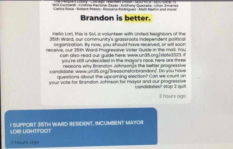 Gregory Pratt on Twitter: "Brandon Johnson supporters texted Mayor Lightfoot to support him and ...