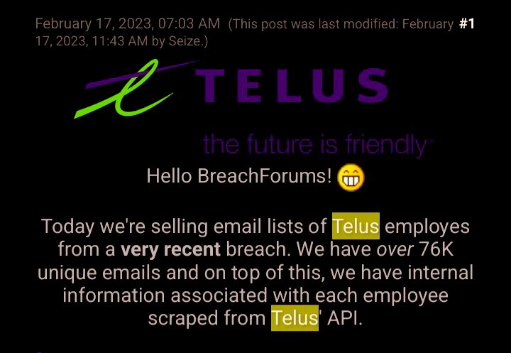 Chris Bertsch on Twitter: "RT @AlvieriD: Telus alleged employee database and internal scraped ...