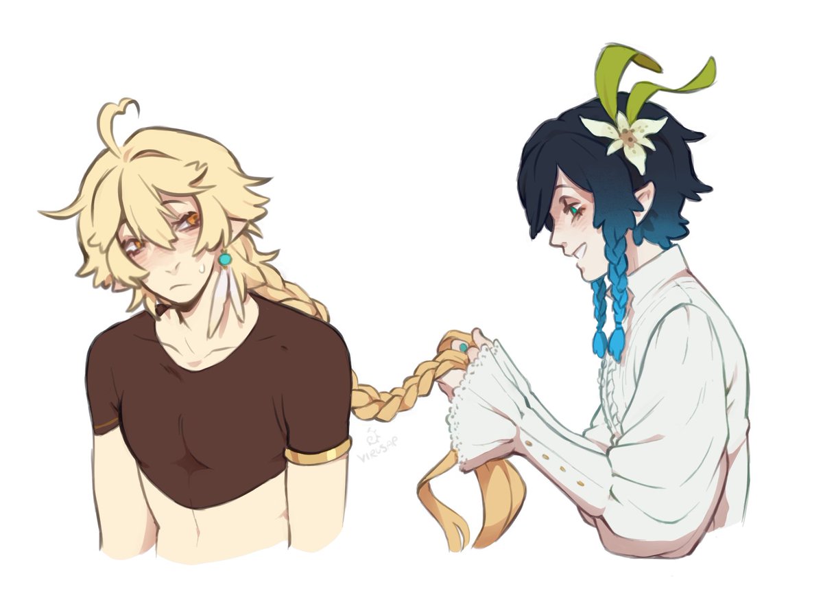 aether (genshin impact) ,venti (genshin impact) 2boys braid multiple ...