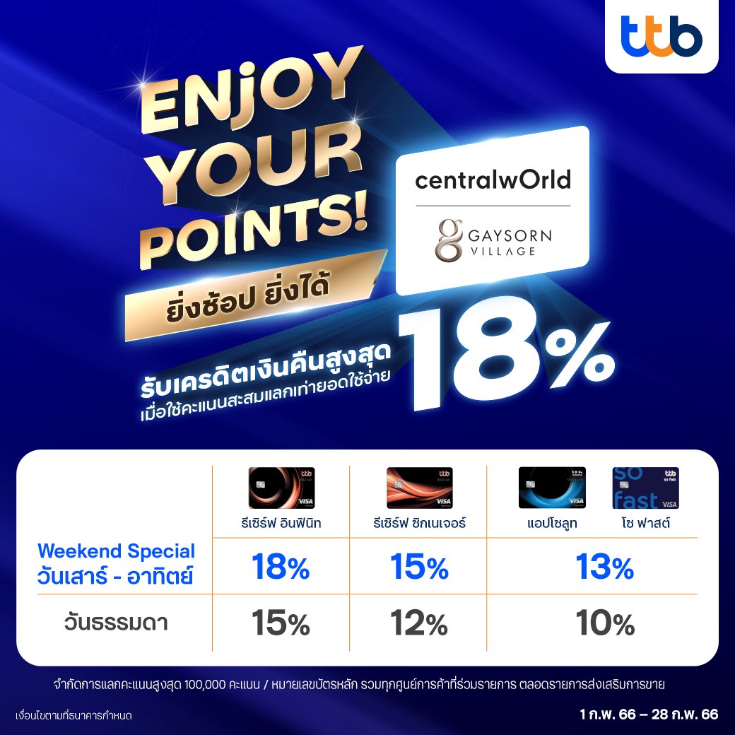 ttb bank on Twitter: "🛍คืนคุ้มทุกการช้อปที่ศูนย์การค้า #CentralWorld และ #GaysornVillage แลกรับ ...