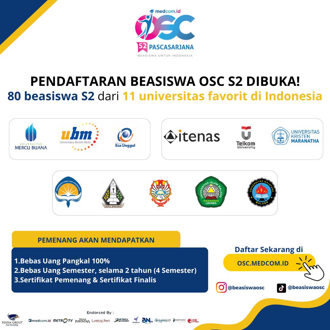 METRO TV on Twitter: "BEASISWA OSC S2 IS BACK! Beasiswa S2 full hingga lulus dari 11 kampus ...