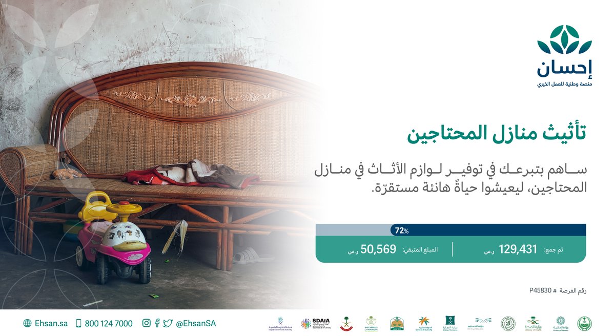 منصة إحسان on Twitter: "سخاؤك يُساهم في تأثيث عدد من منازل الأسر المُحتاجة؛ لتنعم مع أبنائها ...