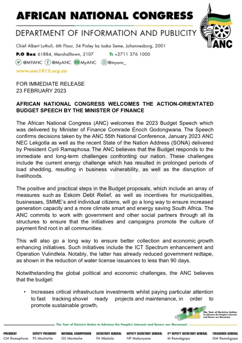 African National Congress on Twitter: "The African National Congress (ANC) welcomes the 2023 ...