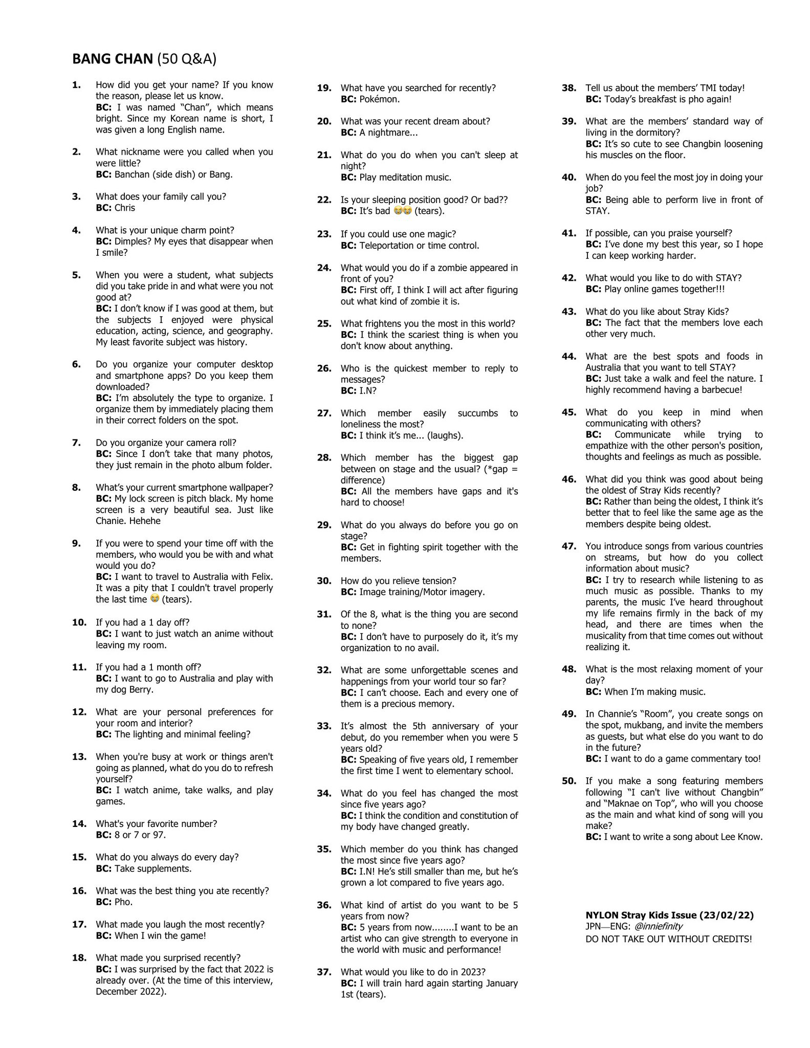 일★⁵🐢 on Twitter: "NYLON #StrayKids (02/22/23) 50 Questions and Answers (ENG Translation) # ...