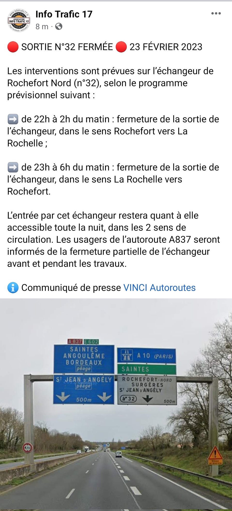 Info Trafic 17 on Twitter: "BON À SAVOIR ⤵️ 🔴 FERMETURE SORTIE NUMERO 32 ROCHEFORT NORD 🔴 https ...