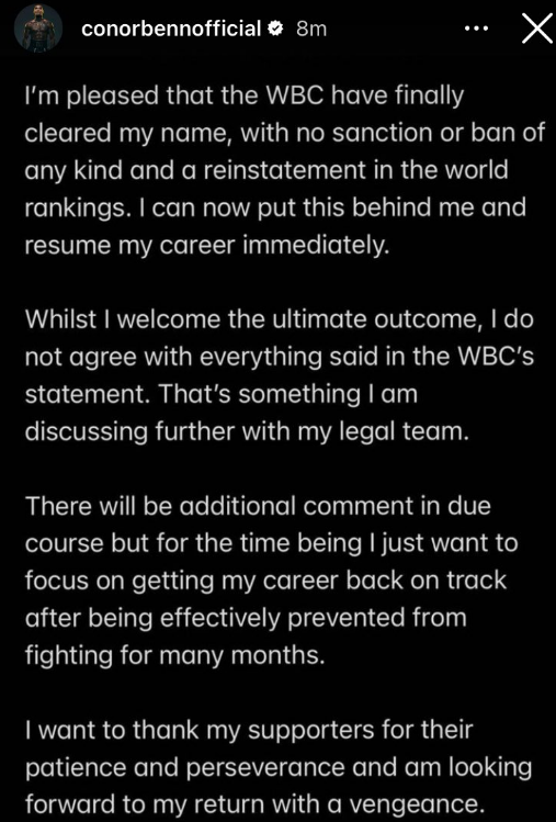 NoSmokeBoxing on Twitter: "RT @nosmokesport: Conor Benn has shared a post making his position ...