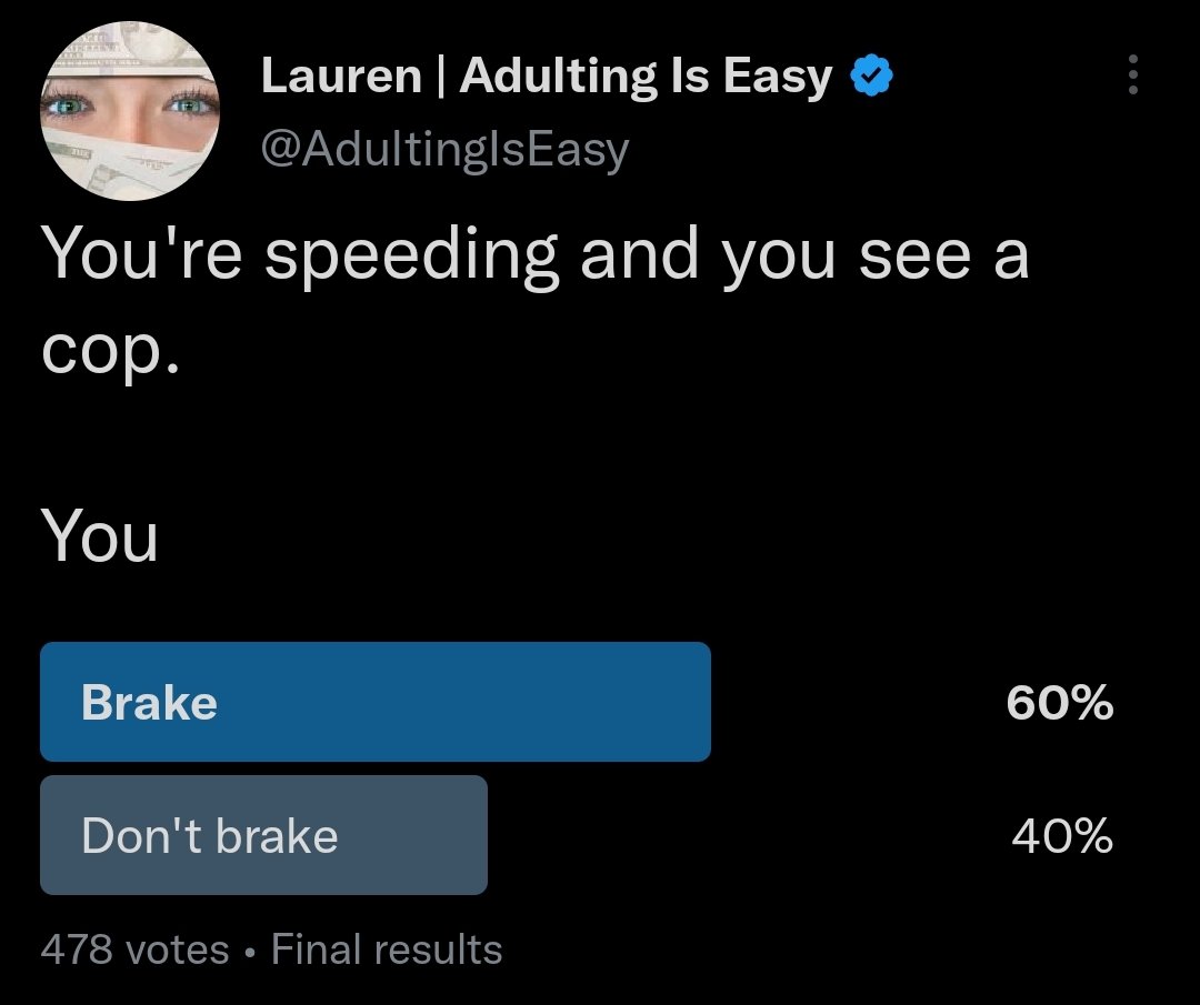 Lauren | Adulting Is Easy on Twitter: "I'm team don't brake! Don't admit guilt. Hubs disagrees."