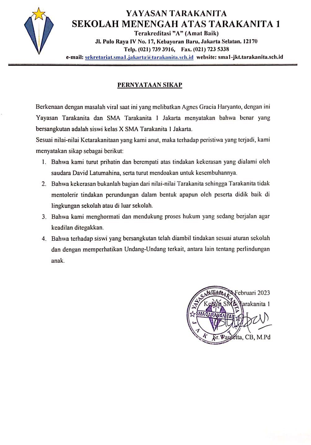 Mazzini on Twitter: "Pernyataan sikap dari SMA tempat ceweknya Mario sekolah. https://t.co ...