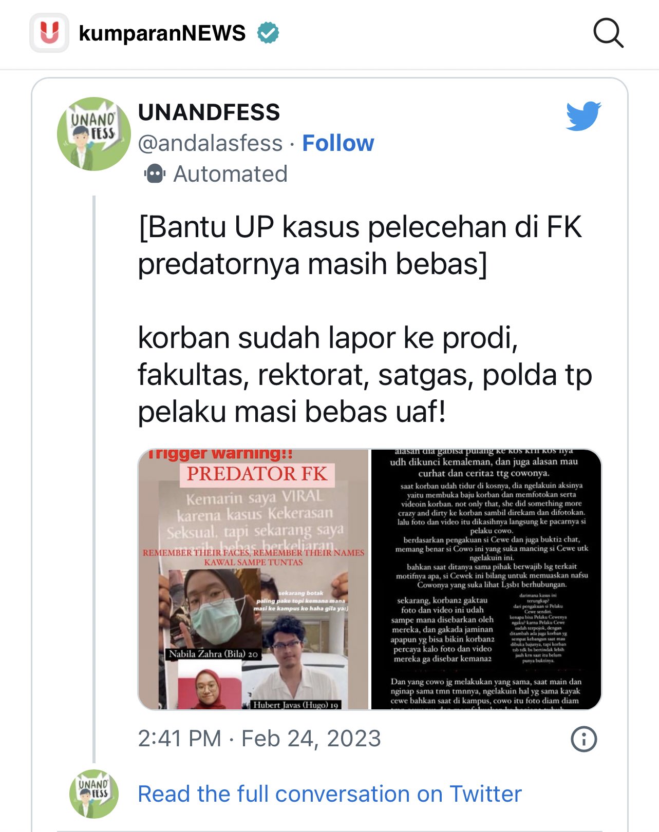 Cania Citta on Twitter: "8 mahasiswi Unand diduga mengalami pelecehan seksual. Sudah masuk tahap ...