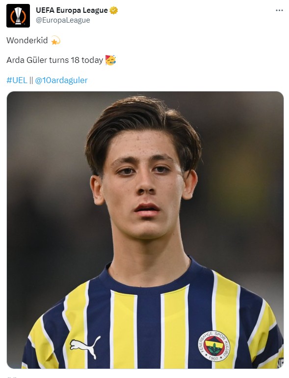 FutbolArena on Twitter: "UEFA Avrupa Ligi hesabı, Arda Güler'in doğum gününü kutladı. https://t ...