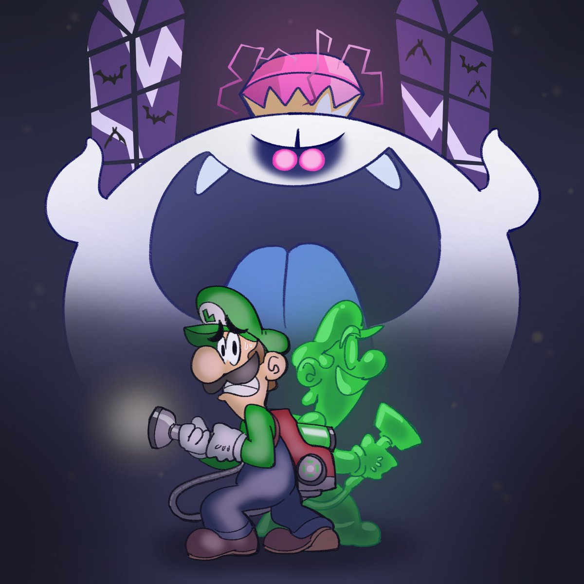 luigi green headwear overalls ghost mustache vacuum cleaner 1boy facial ...