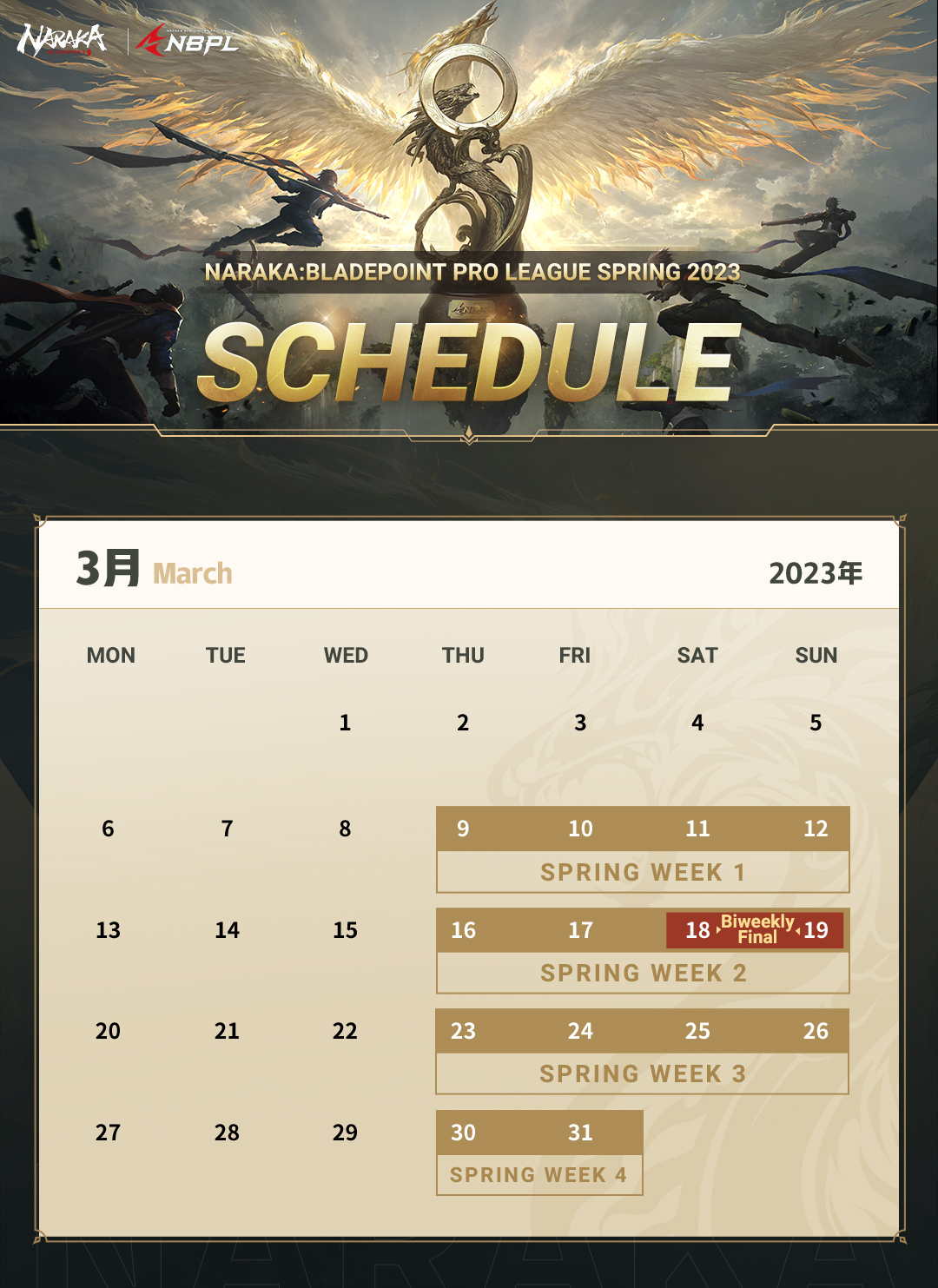 Naraka Esports on Twitter: "NBPL SPRING 2023 Schedule ⏰Each live day will start at 16:00 UTC+8 ...