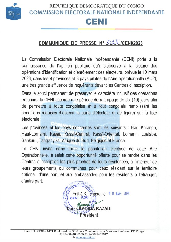 Ceni-RDC on Twitter: "COMMUNIQUÉ DE PRESSE | N°015/CENI/2023. La CENI prolonge l'opération d ...
