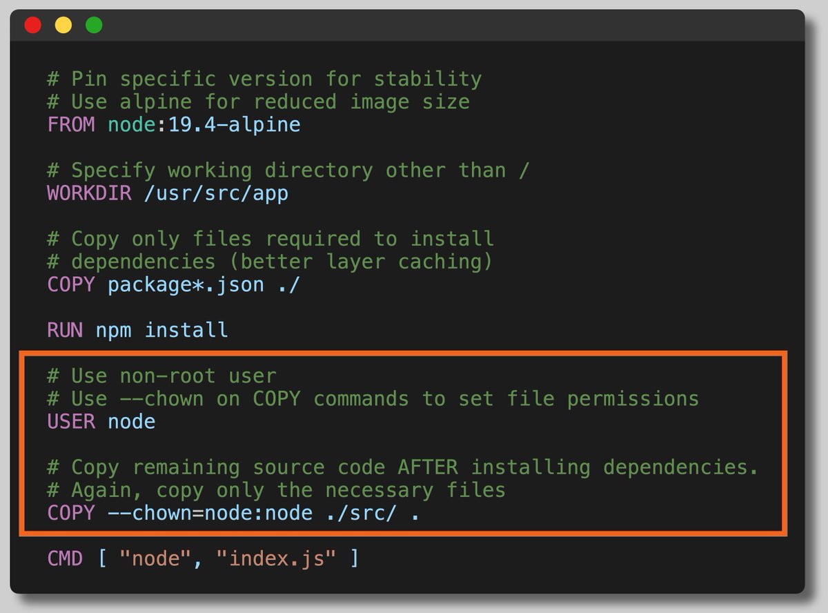 This is a valid Dockerfile for a NodeJS application. It is also a pile of 💩! We can improve: - 🔒 ...