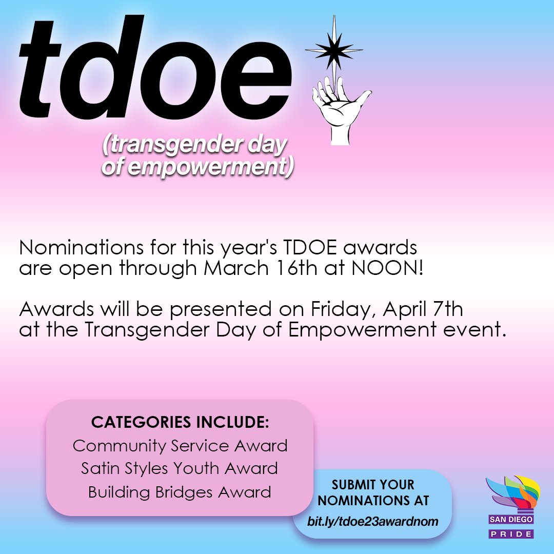 San Diego Pride on Twitter: "Hello Trans/GNC Community and Allies! Nominations for the 2023 ...