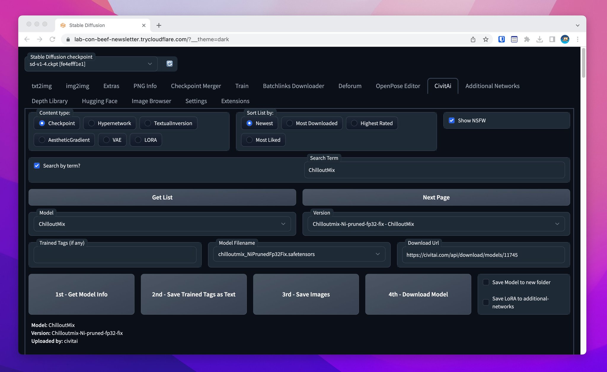 lewang🍥 on Twitter: "接下来利用自带的 CivitAI 插件下载模型，分别下载基础模型 ChilloutMix 和 Lora 模型 liuyifei https://t ...