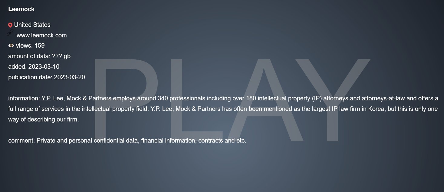 FalconFeedsio on Twitter: "PLAY #ransomware group added Y.P.Lee, Mock & Partners (https://t.co ...