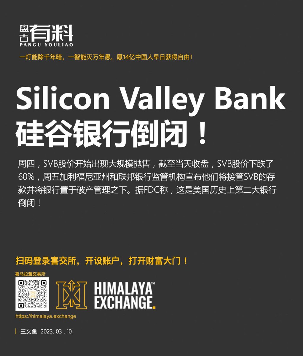 山姆(洛杉矶盘古农场) On Twitter Silicon Valley Bank 硅谷银行倒闭! 周四,svb股价开始出现大规模抛售,截至当天收盘,svb股价下跌了60,周五