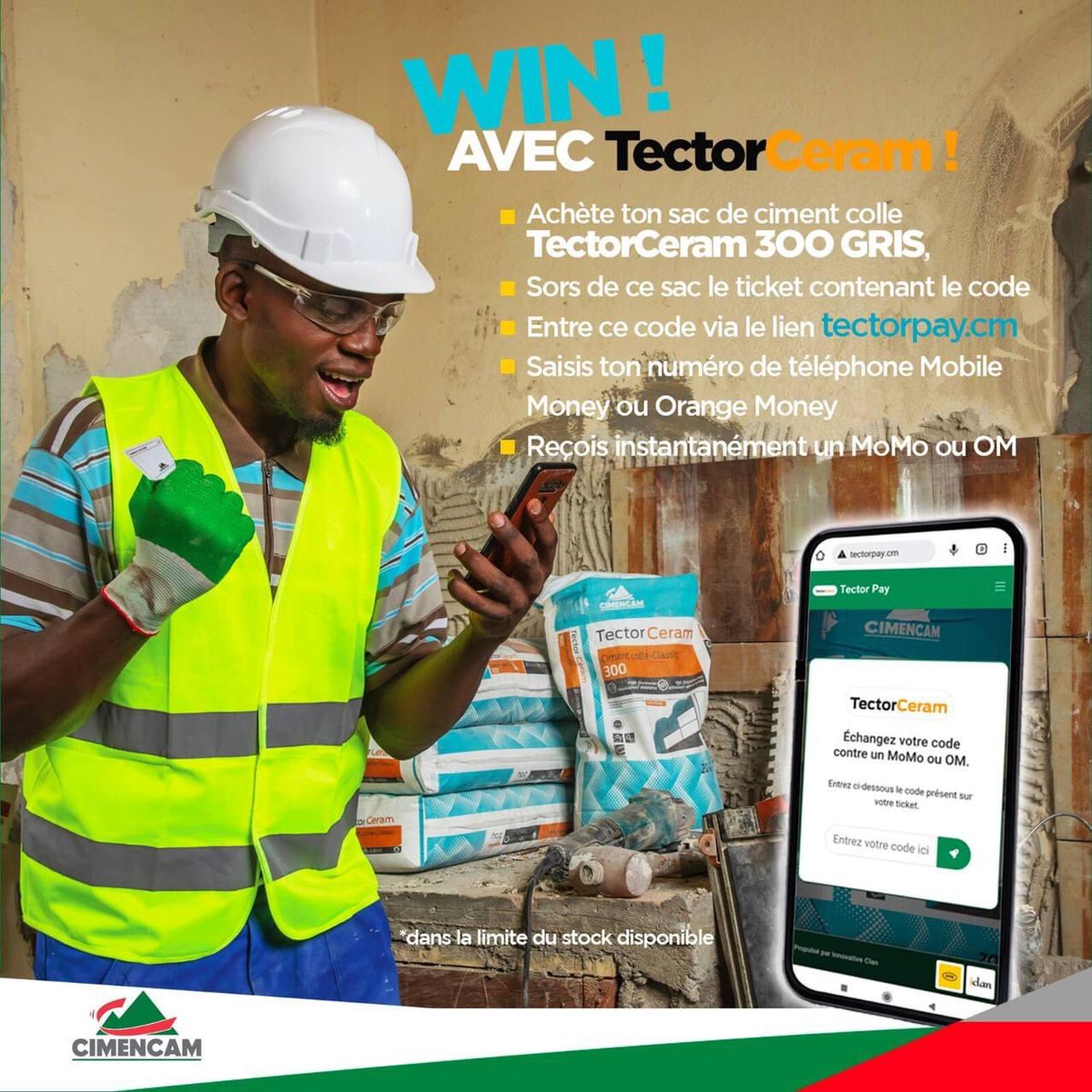 Cimenteries Du Cameroun on Twitter: "🎊🎊WIN AVEC TECTORCERAM 🔺Achetez votre sac de ciment colle ...