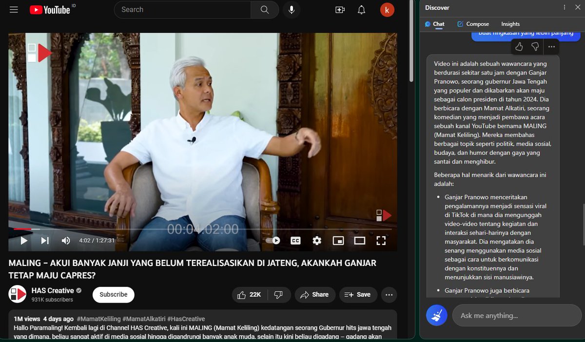 Anda tidak punya waktu nonton video panjang? Sekarang ada chatGPT-powered Bing di Edge Dev. Jadi ...