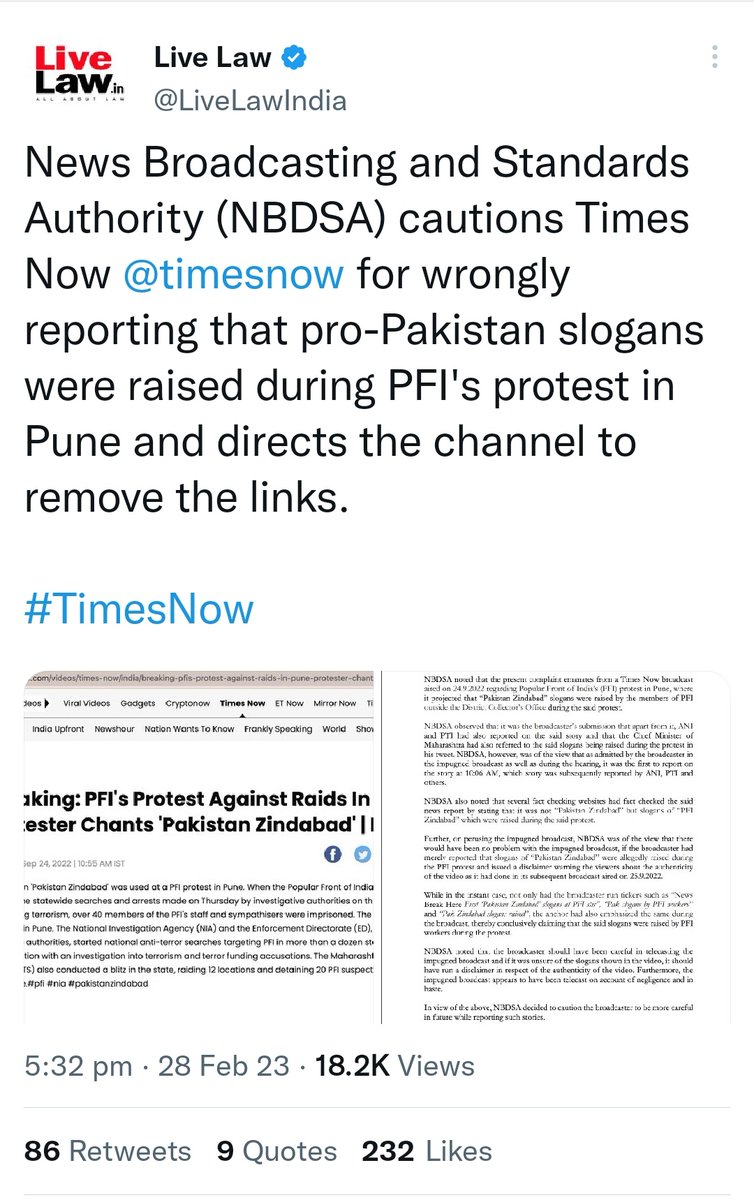 News Broadcasting and Standards Authority (NBDSA) cautions @TimesNow for wrongly reporting that ...