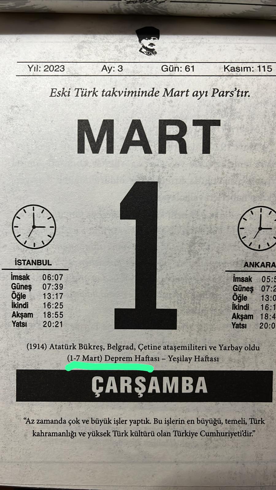 Hüseyin Hakkı Kahveci on Twitter: "Bugün günlerde 1 Mart 2023. Takvim yaprakları 7 Mart'a kadar ...