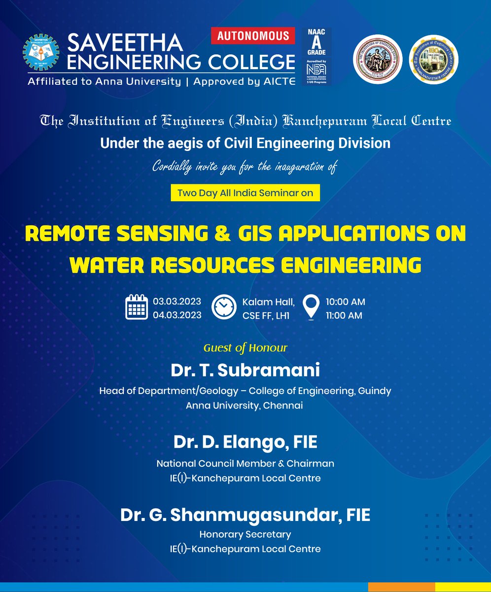 Saveetha Engineering College on Twitter: "𝗥𝗲𝗺𝗼𝘁𝗲 𝗦𝗲𝗻𝘀𝗶𝗻𝗴 & 𝗚𝗜𝗦 𝗔𝗽𝗽𝗹𝗶𝗰𝗮𝘁𝗶𝗼𝗻𝘀 𝗼𝗻 𝗪𝗮𝘁𝗲𝗿 𝗥𝗲𝘀𝗼𝘂𝗿𝗰𝗲𝘀 ...