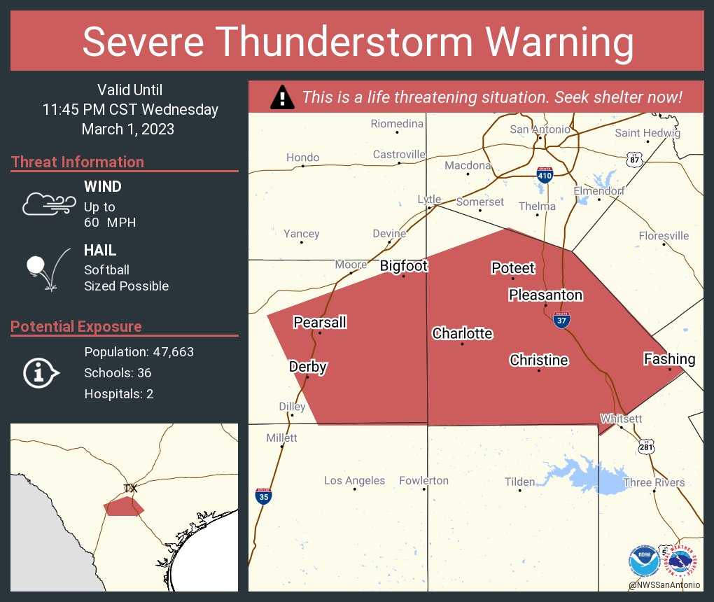 NWS Austin/San Antonio on Twitter: "Severe Thunderstorm Warning continues for Pearsall TX ...