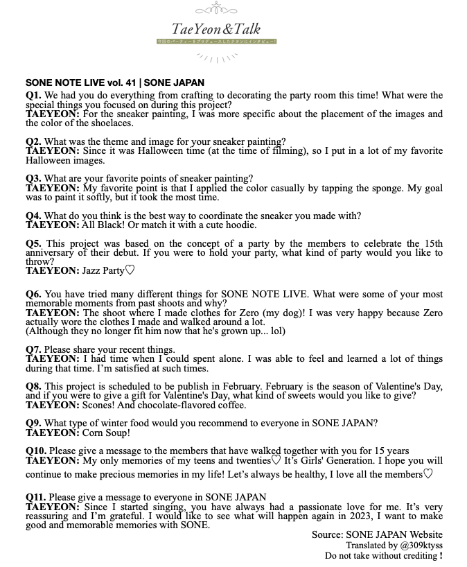 abigail on Twitter: "RT @309KTYSS: [ENG] 230228 SONE NOTE LIVE Vol. 41 📓 Taeyeon's Q&A Interview ...