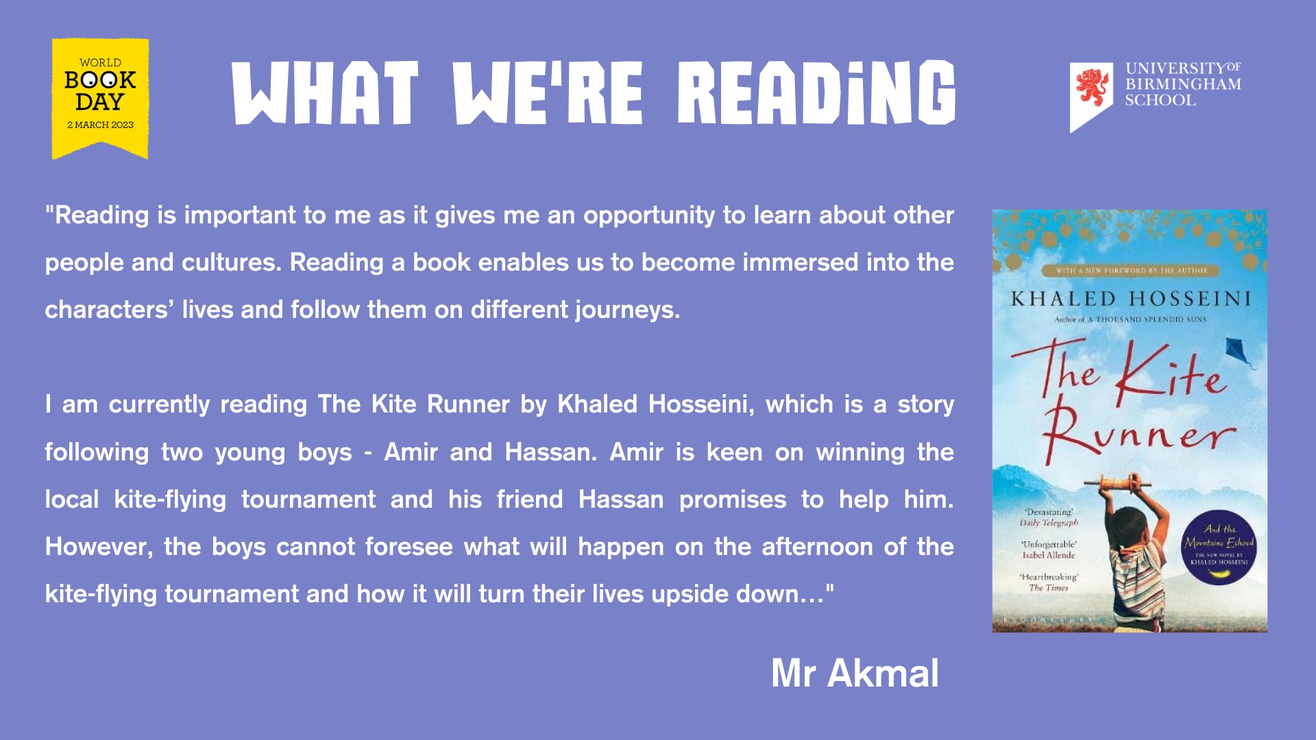 UoB School on Twitter: "Mr Akmal is currently reading The Kite Runner by Afghan-American ...