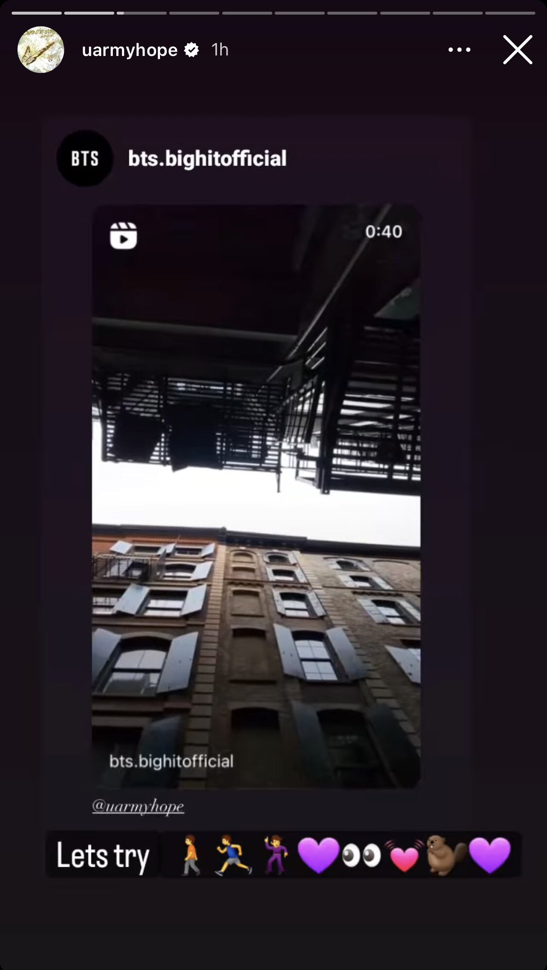 7bts.update on Twitter: "j-hope on instagram story (1) 🐿️: Let’s try 🚶🏃🕺💜👀💓🐿️💜 🐿️: 💓 https://t ...