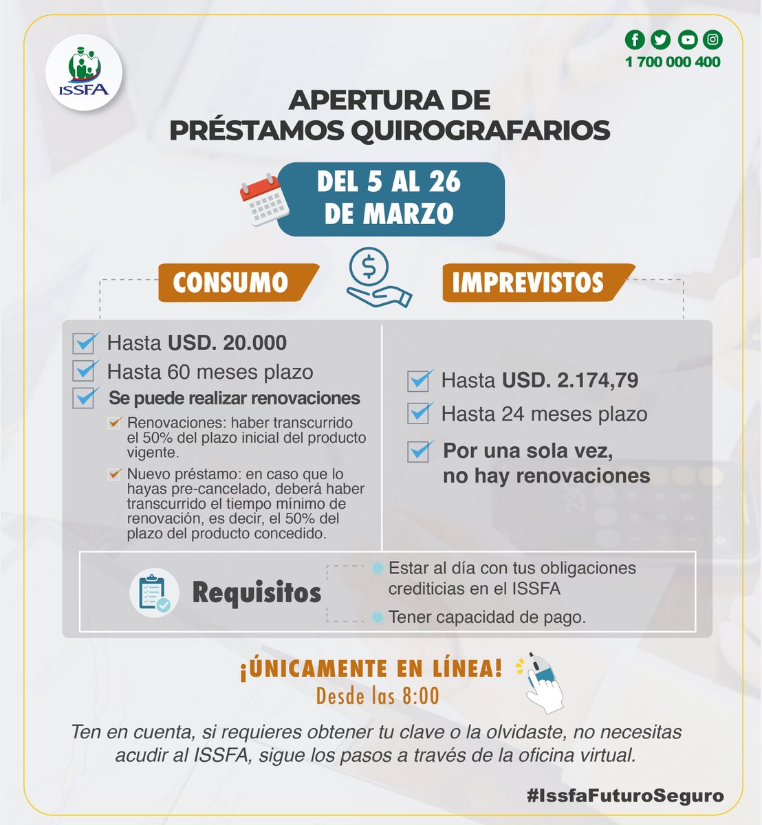 ISSFA on Twitter: "📣 Apertura de préstamos quirografarios del 5 al 26 de marzo, únicamente a ...