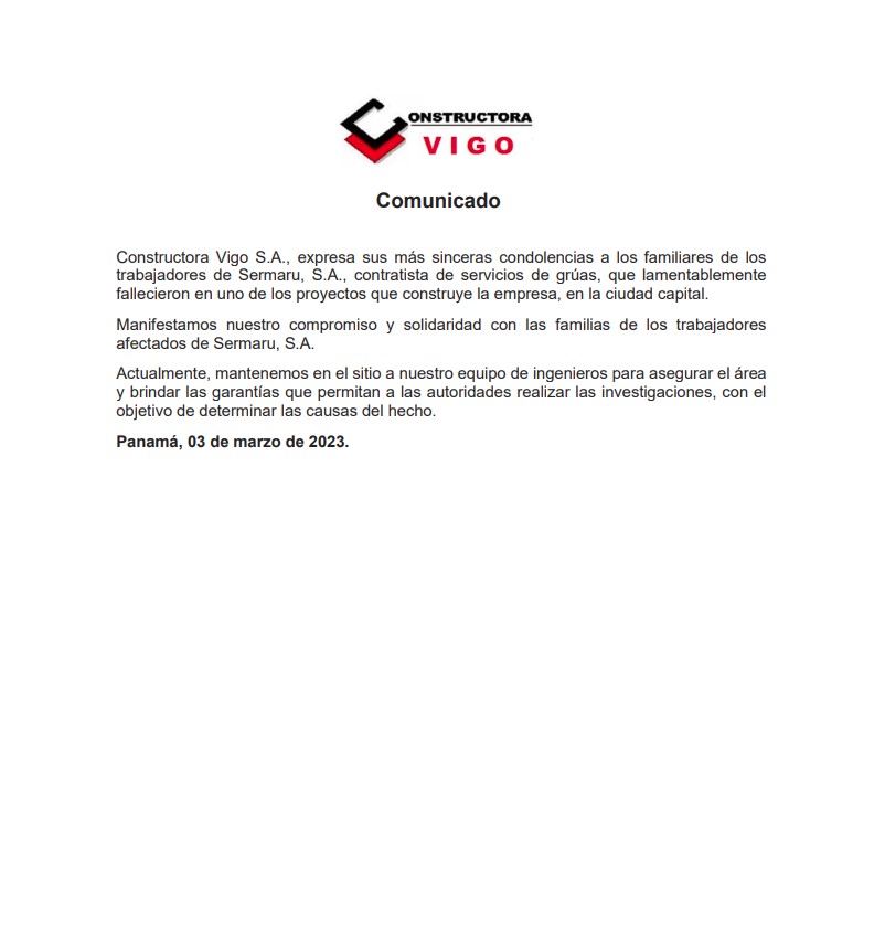 Telemetro Reporta on Twitter: "La Constructora Vigo S.A. expresó sus condolencias a los ...