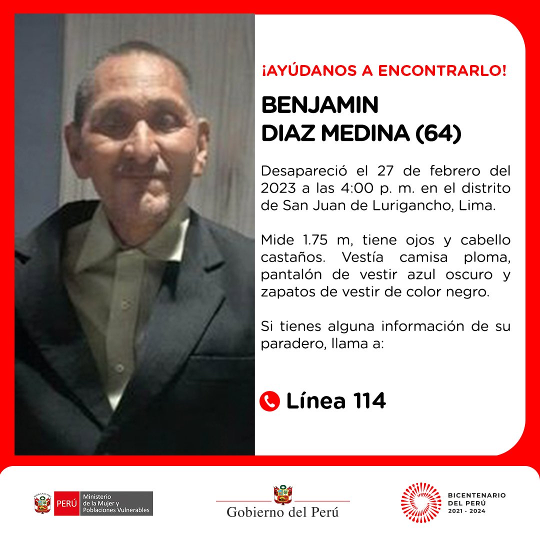 Ministerio de la Mujer y Poblaciones Vulnerables on Twitter: "🚨 ¡Ayúdanos a encontrarlo ...