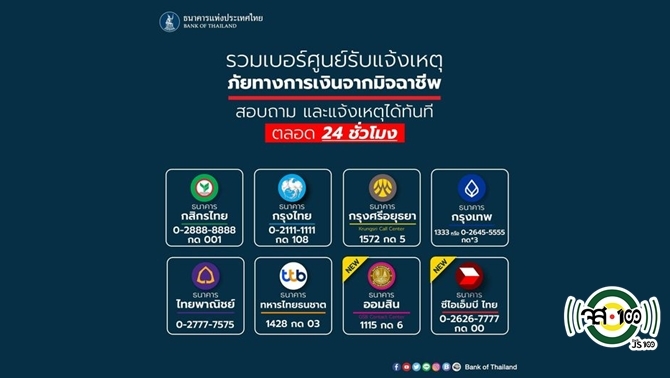 JS100Radio on Twitter: "ธนาคาร 8 แห่งเปิดรับแจ้งเหตุภัยทางการเงินจากมิจฉาชีพ ผู้เสียหายโทรแจ้ง ...