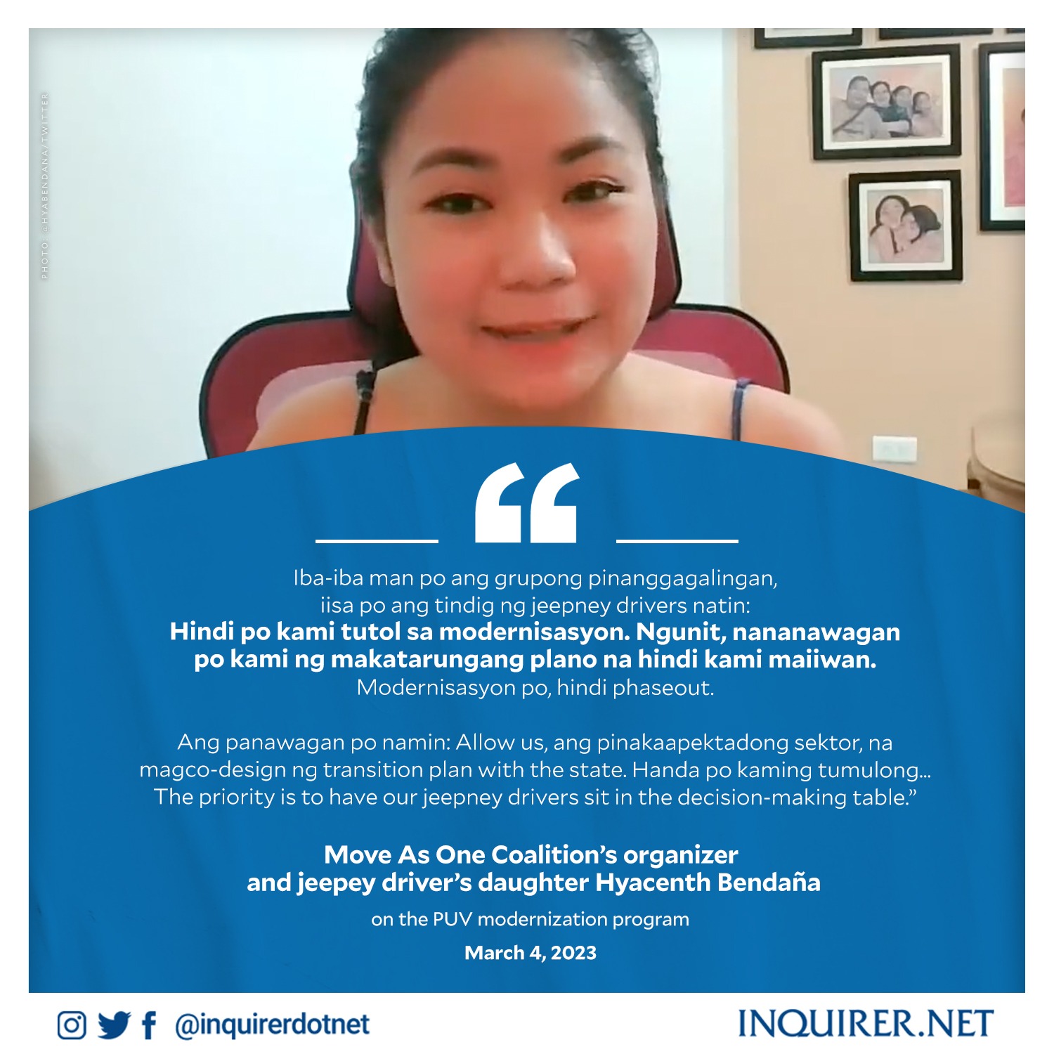 Inquirer on Twitter: "‘MODERNISASYON PO, HINDI PHASEOUT’ LOOK: Hyacenth Bendaña, daughter of a ...
