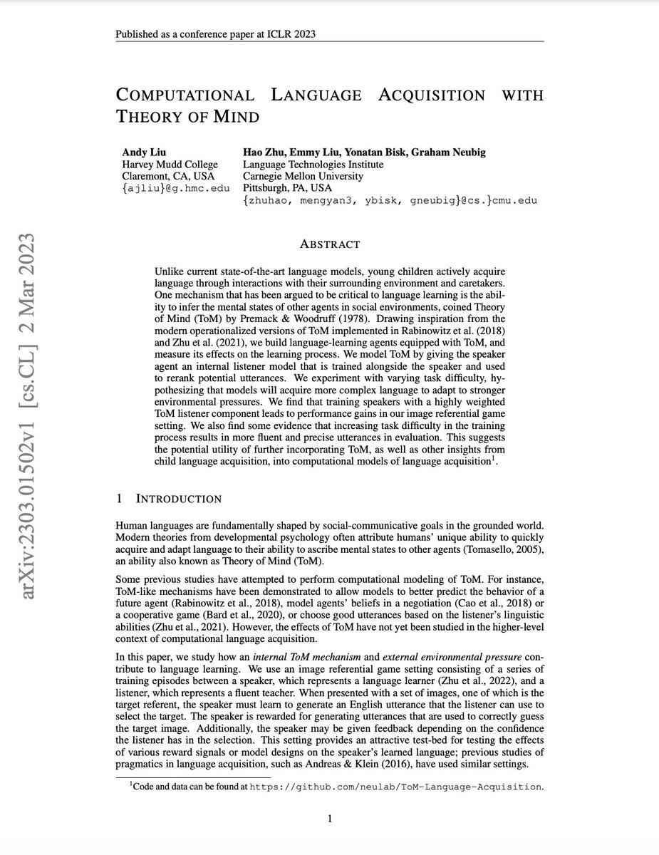 AGI.Eth | MTL.Eth on Twitter: "Computational Language Acquisition with Theory of Mind Liu et al ...