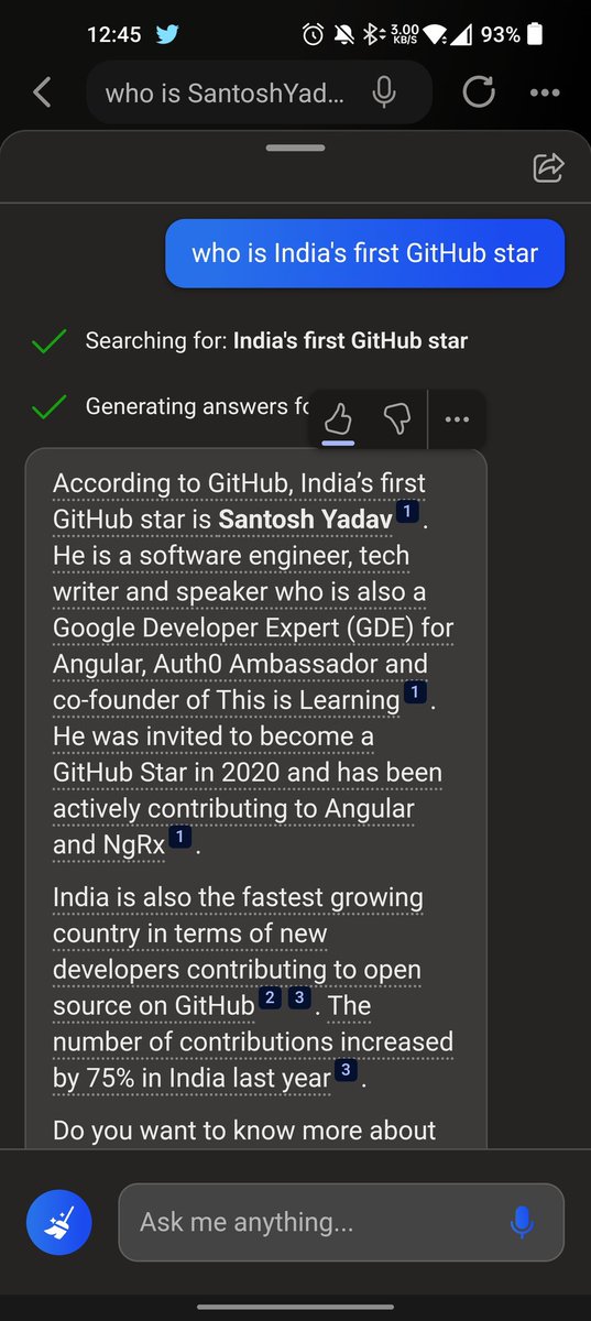 Santosh 🥑 | GitHub ⭐ | GDE on Twitter: "I am blushing Bing knows me 😀"