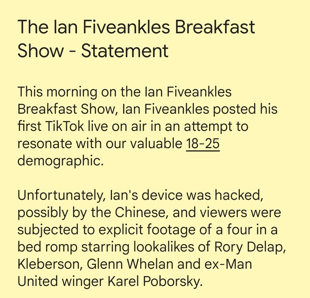 The Exploding Heads on Twitter: "A statement from the Ian Fiveankles Breakfast Show, regarding ...