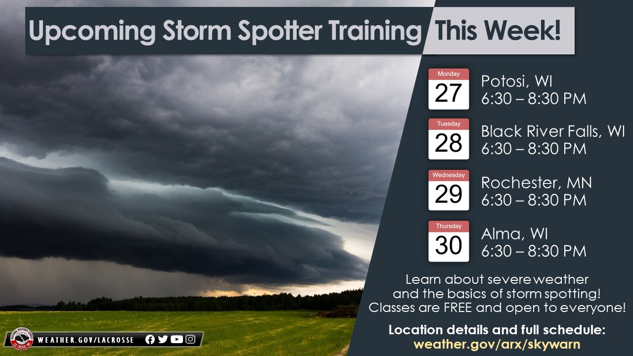 NWS La Crosse on Twitter: "2023 storm spotter training kicks off this week! 🤩 Interested in ...
