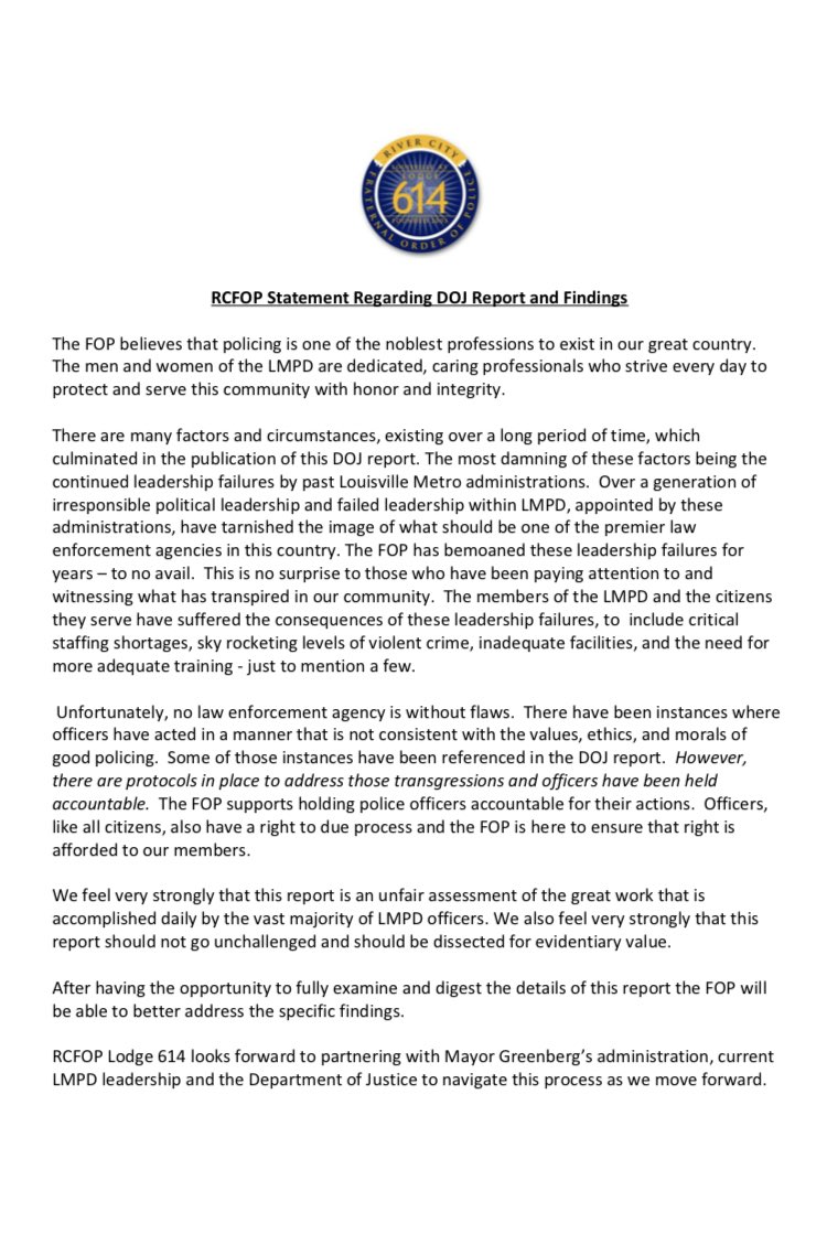 River City FOP on Twitter: "Statement regarding DOJ report. https://t.co/KgncNT6wwq" / Twitter