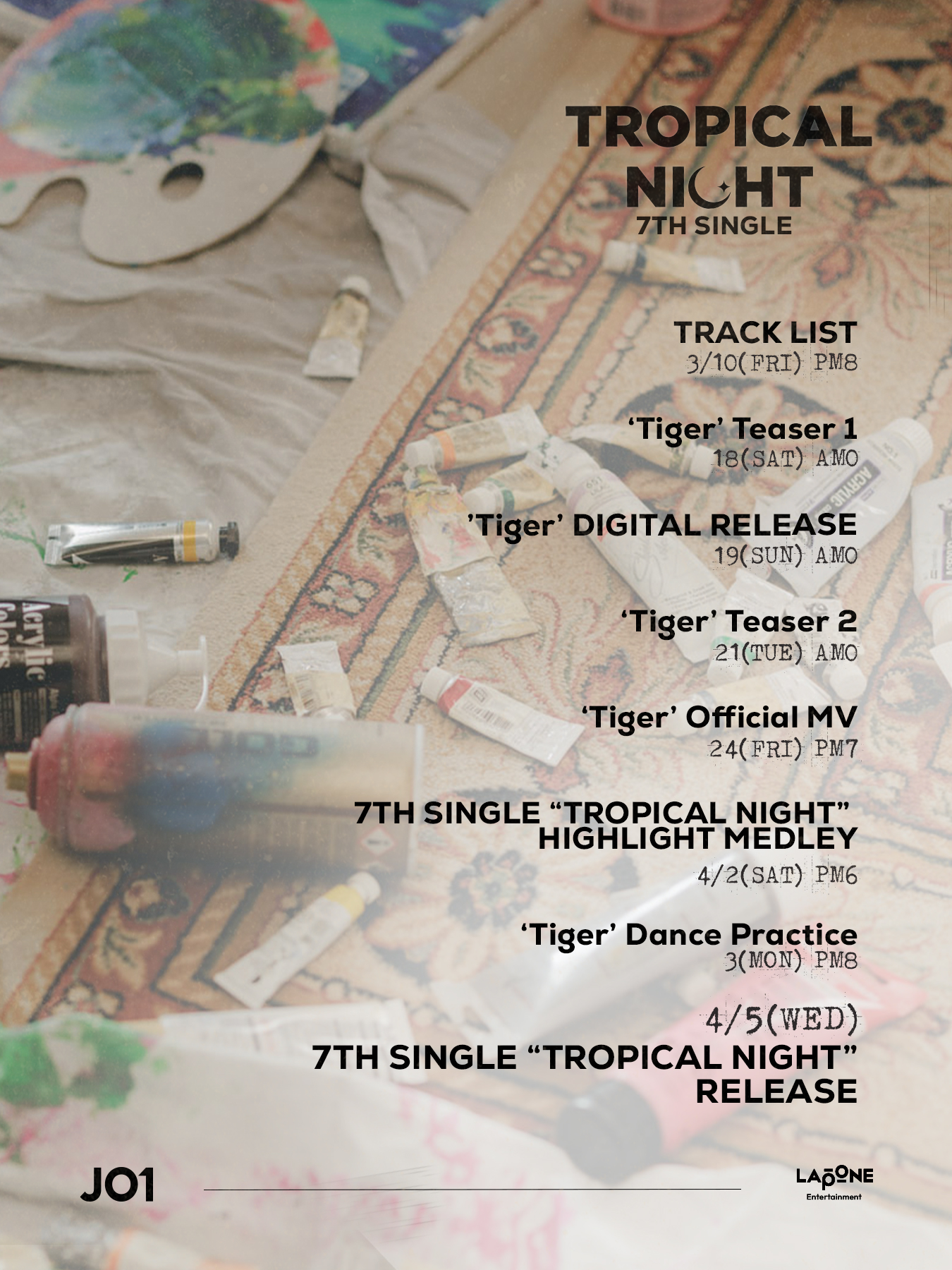 JO1 on Twitter: "𝟳𝗧𝗛 𝗦𝗜𝗡𝗚𝗟𝗘 Contents Schedule 2023.4.5 (WED) RELEASE #JO1 #TROPICAL_NIGHT #Tiger ...