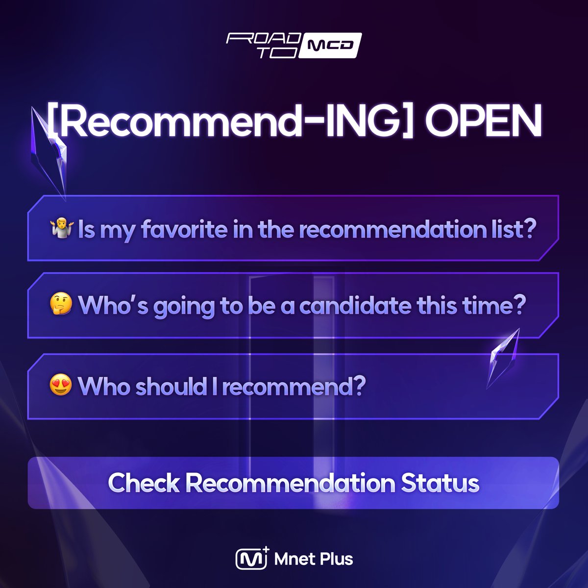 Mnet Plus 엠넷플러스 on Twitter: "[#ROAD_TO_MAX] 🔈Recommend-ING OPEN! ROAD TO MCD 7th GEN Revealing ...