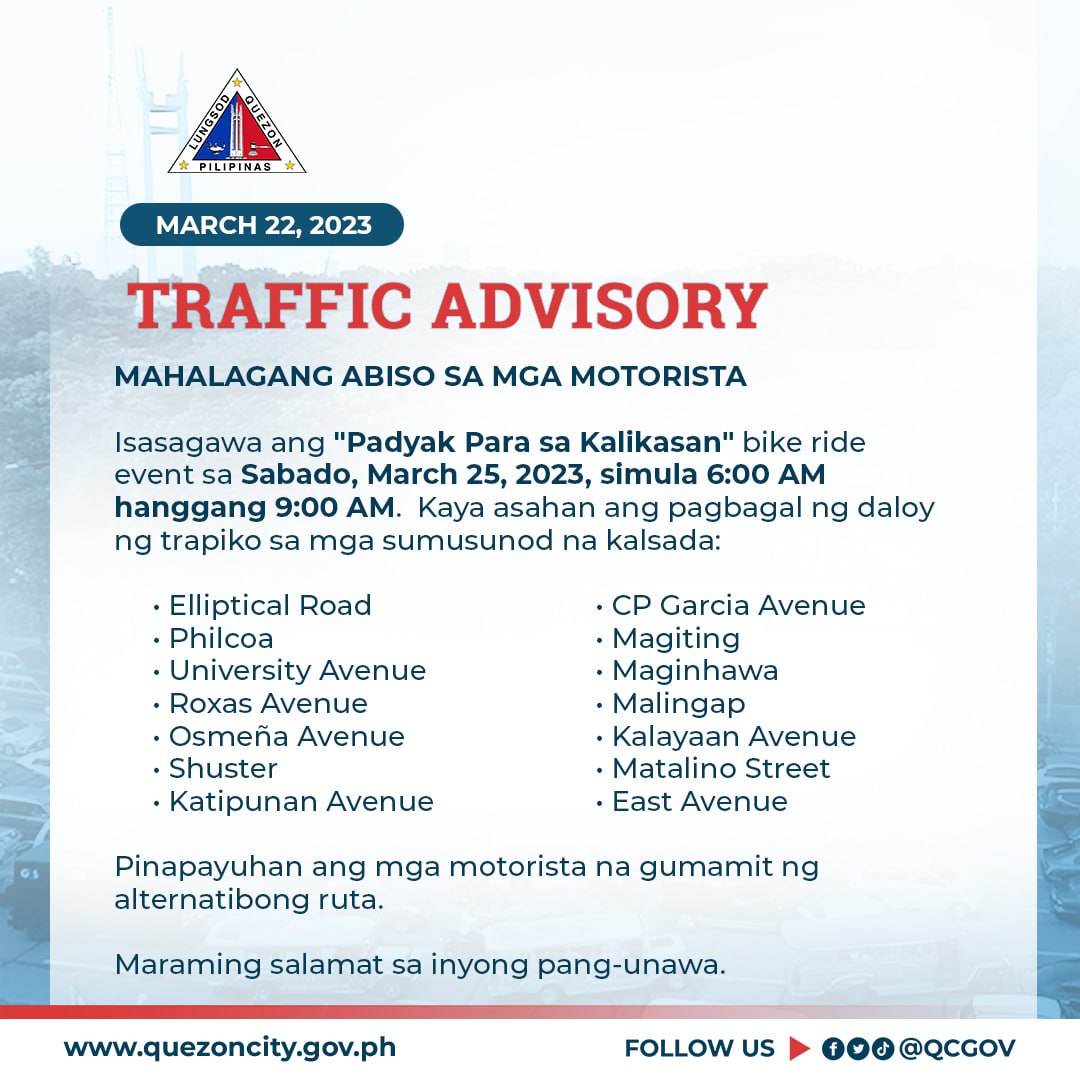 Quezon City Government on Twitter: "MAHALAGANG ABISO SA MGA MOTORISTA🚦 Isasagawa ang "Padyak ...