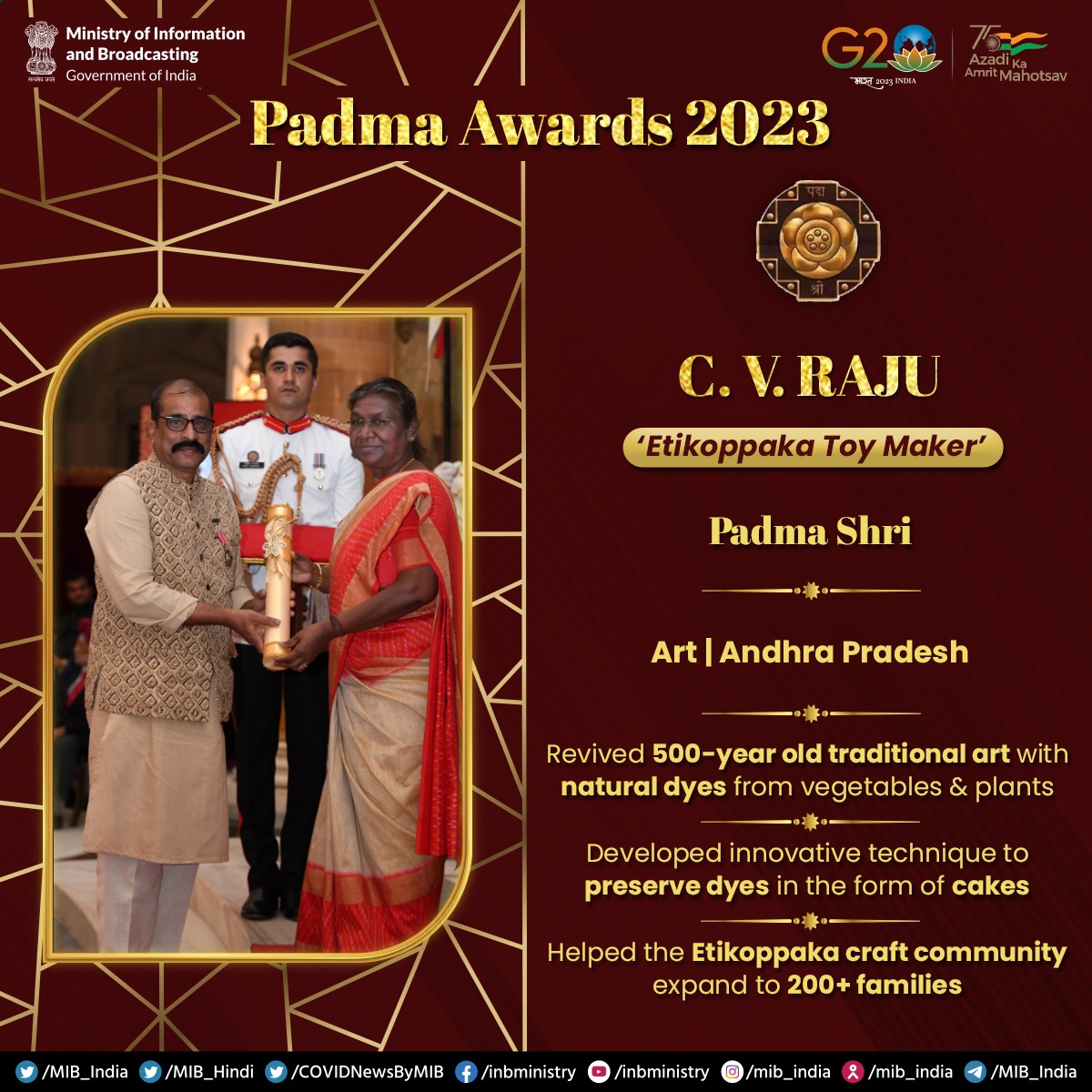 Ministry of Information and Broadcasting on Twitter: "🇮🇳C V Raju🇮🇳 'Etikoppaka Toy Maker' 🏅Padma ...