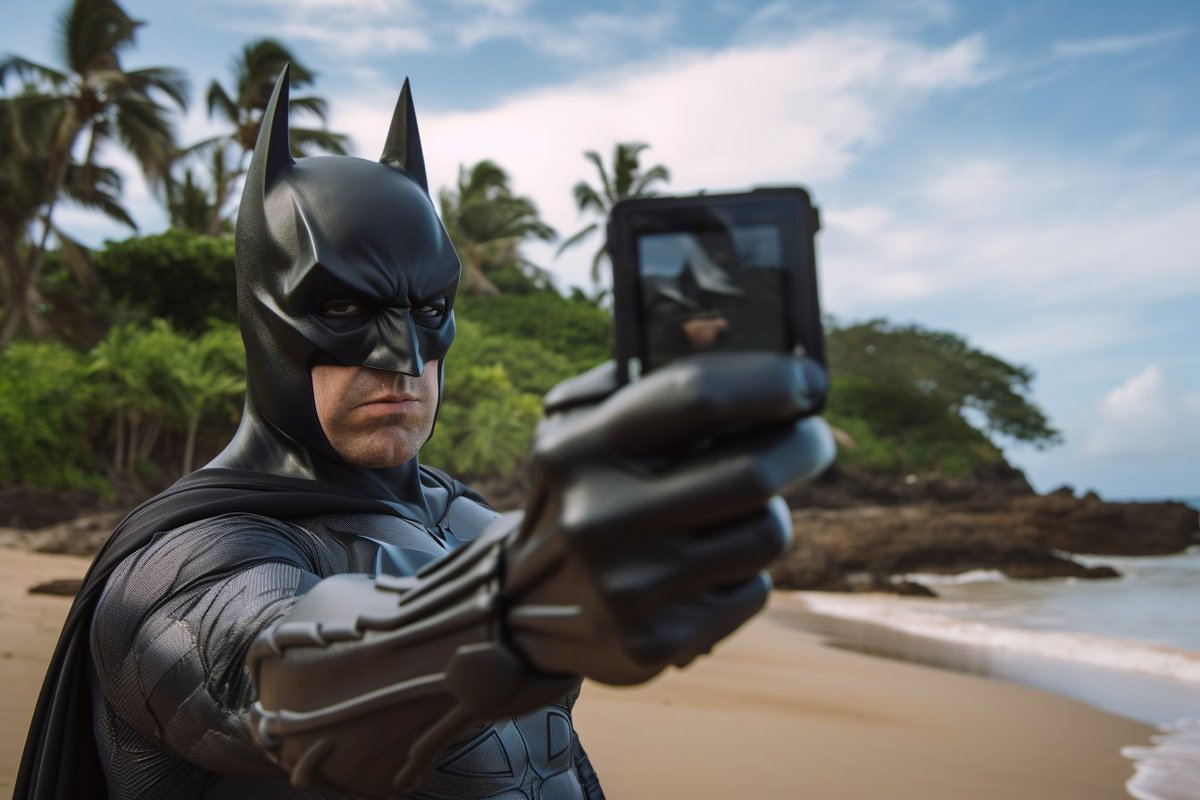 Just on holiday with my buddy Batman, he keeps taking selfies. 💬 Prompt ...