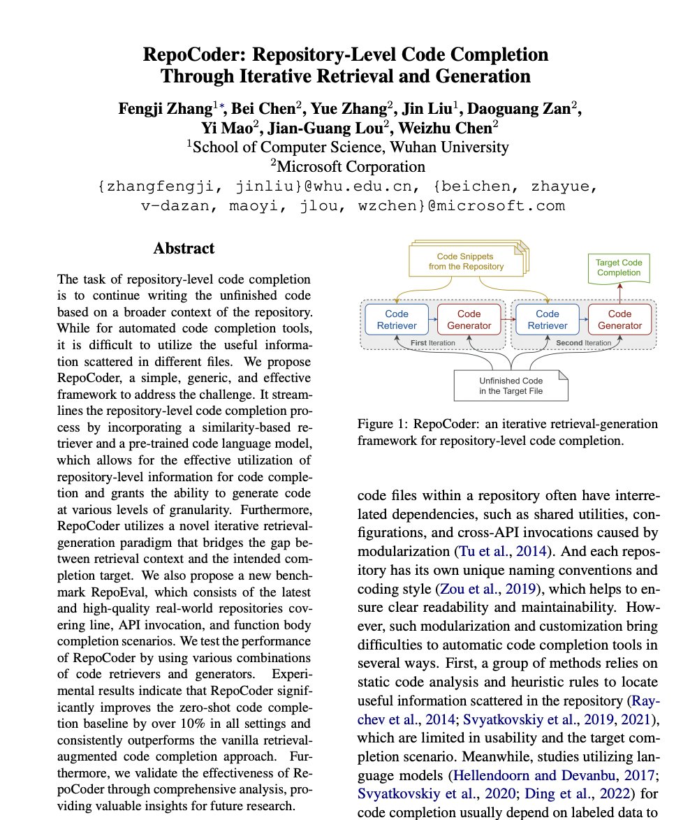 AK on Twitter: "RepoCoder: Repository-Level Code Completion Through Iterative Retrieval and ...