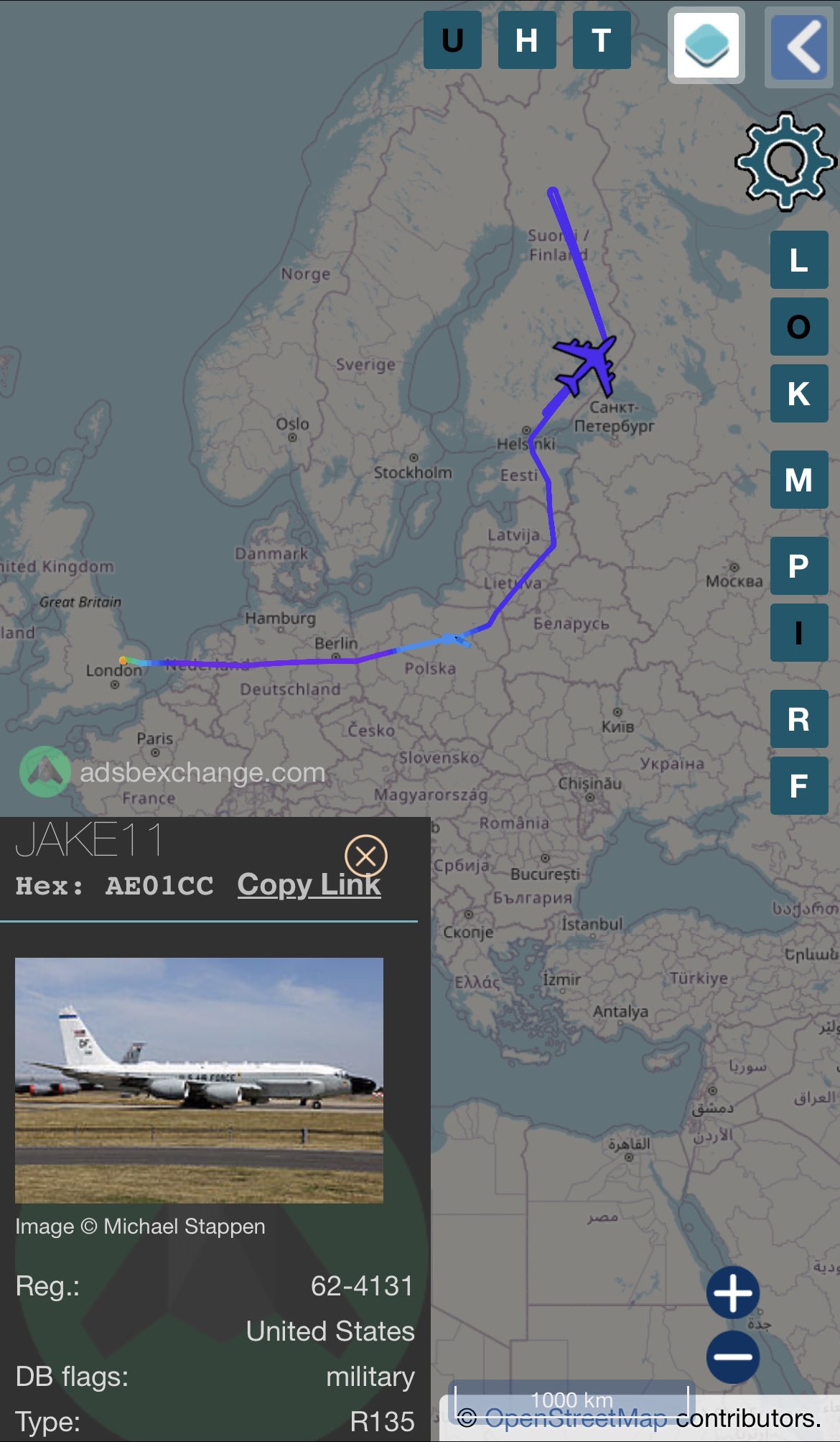 Hans Kristensen on Twitter: "Rare USAF RC-135W Rivet Joint (62-4131, JAKE11) flight over Finland ...